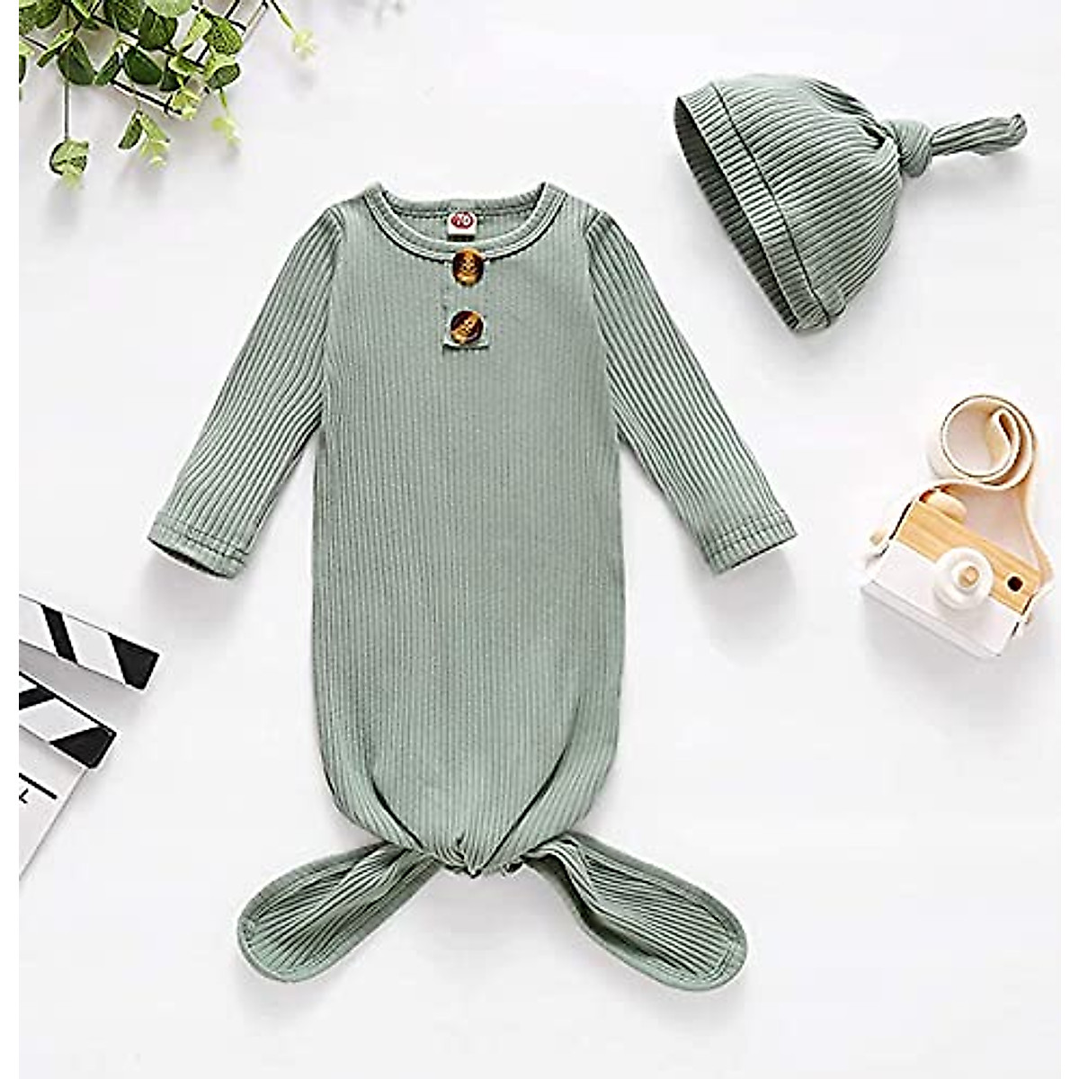 TROSJ Unisex Baby Striped Cotton Sleeper Gowns with Cap Long Knotted Sleeping Bag (Green-B2, 0-3 Months)