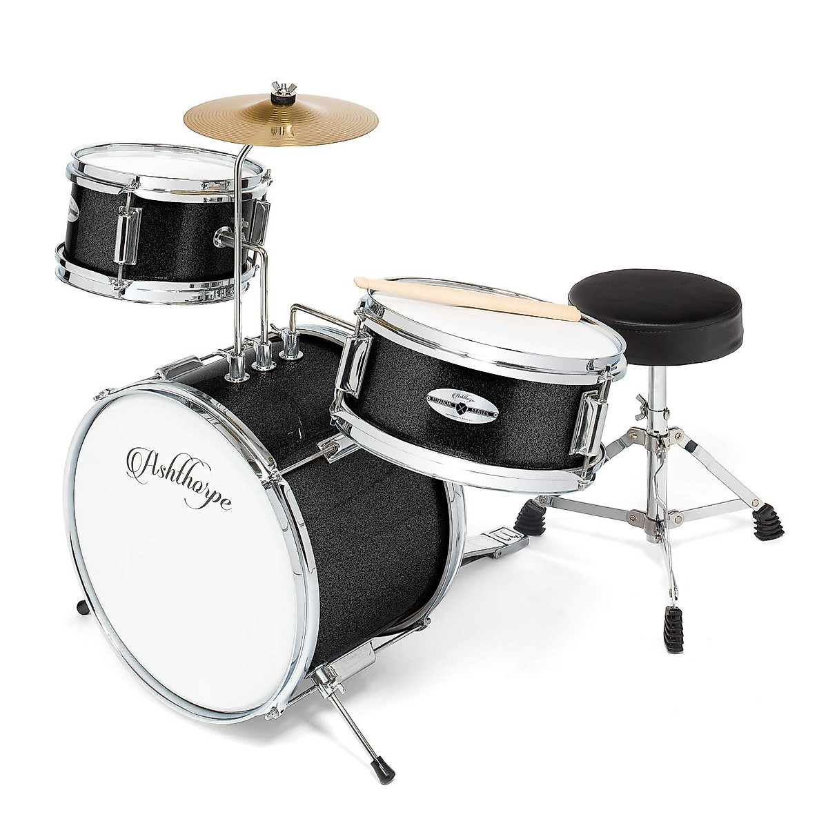 Ashthorpe 3-Piece Complete Drum Set - Beginner Kit with 14" Bass, Adjustable Throne, Cymbal, Pedal & Drumsticks - Black