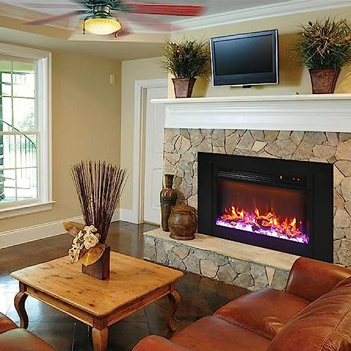 Y Decor 33 in. Realistic Flame Electric Fireplace Insert in Black with Remote Control