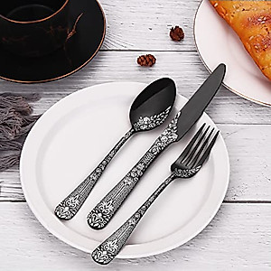 EUIRIO 48-Piece Black Silverware Set with Steak Knives, Black Flatware Set for 8, Stainless Steel Cutlery Set, Knives and Forks and Spoons Sets,Unique Pattern Design,Mirror Polish and Dishwasher Safe