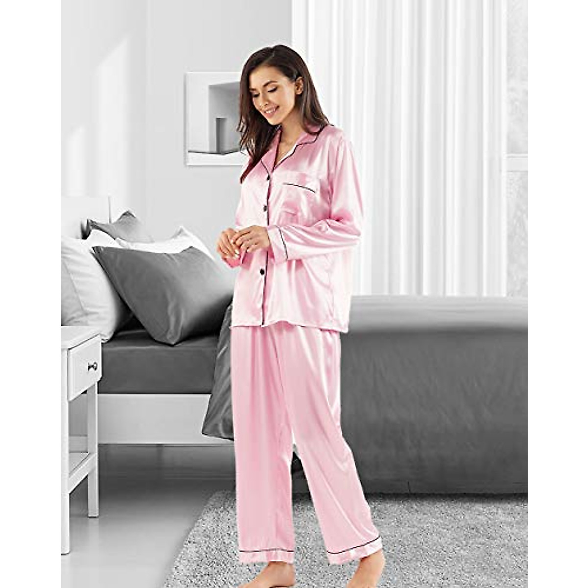 GAESHOW Women Silk Pajamas Set Long Sleeve Ladies Satin PJ Sets Button-Down Pajama Sleepwear Loungewear S~XL Pink