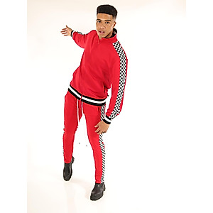 SCREENSHOT-F11854 Mens Urban Hip Hop Premium Track Jacket - Slim Fit Checker Taped Block Fashion Top-Red-Large