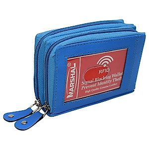MARSHAL Genuine Leather RFID Identity Protected Double Zippered Accordion Wallet (Baby Blue)