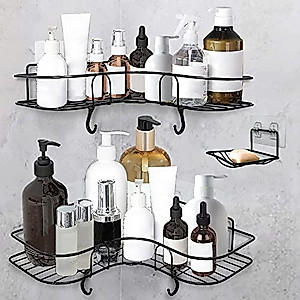 Huryfox Corner Shower Caddy Bathroom Organizer Shower Shelf with Soap Holder and Hooks, Adhesive Shower Shelves, Wall Mounted Shampoo Holder, 2 Pack Shower Racks for Inside Shower, Black