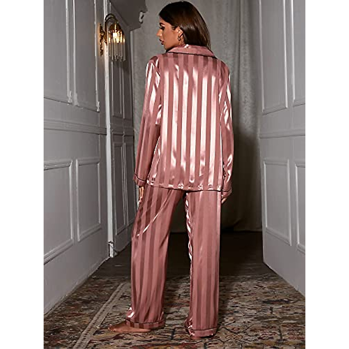 MakeMeChic Women's 2 Piece PJ Set Striped Long Sleeve Top and Pants Pajama Set Dusty Pink M