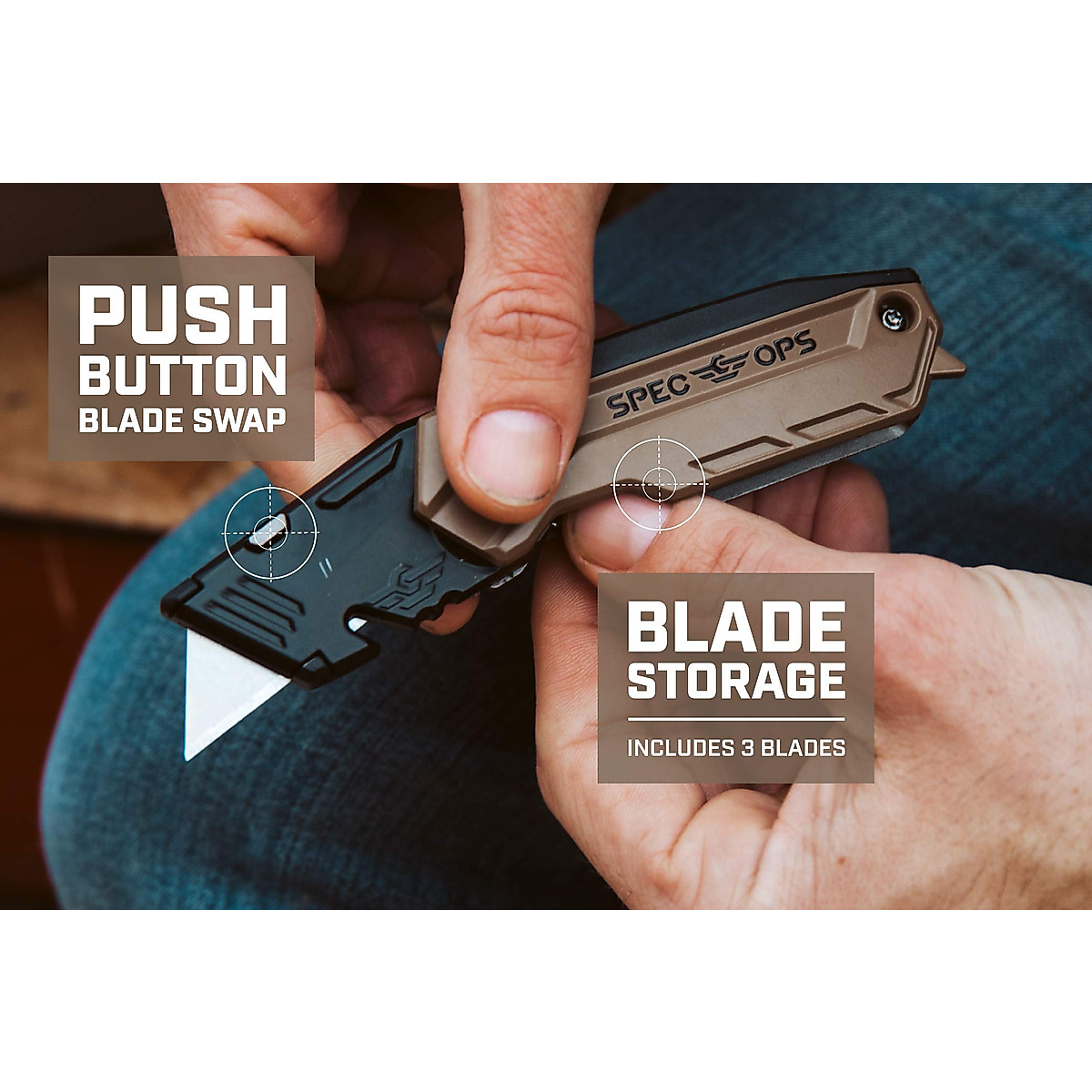 Spec Ops Tools Folding Utility Knife with Retractable Blade, Includes 3 Extra Blades in Handle Storage