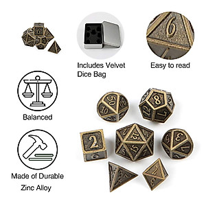 Yeking Metal DND Dice Set D&D, Brass DND Metal Dice with Metal Brass Box for Table Games Dungeons and Dragons D&D, Ancient Design Dice 7PCS of D20 D12 D10 D8 D6 D4 for Dungeons and Dragons TTRPG Games