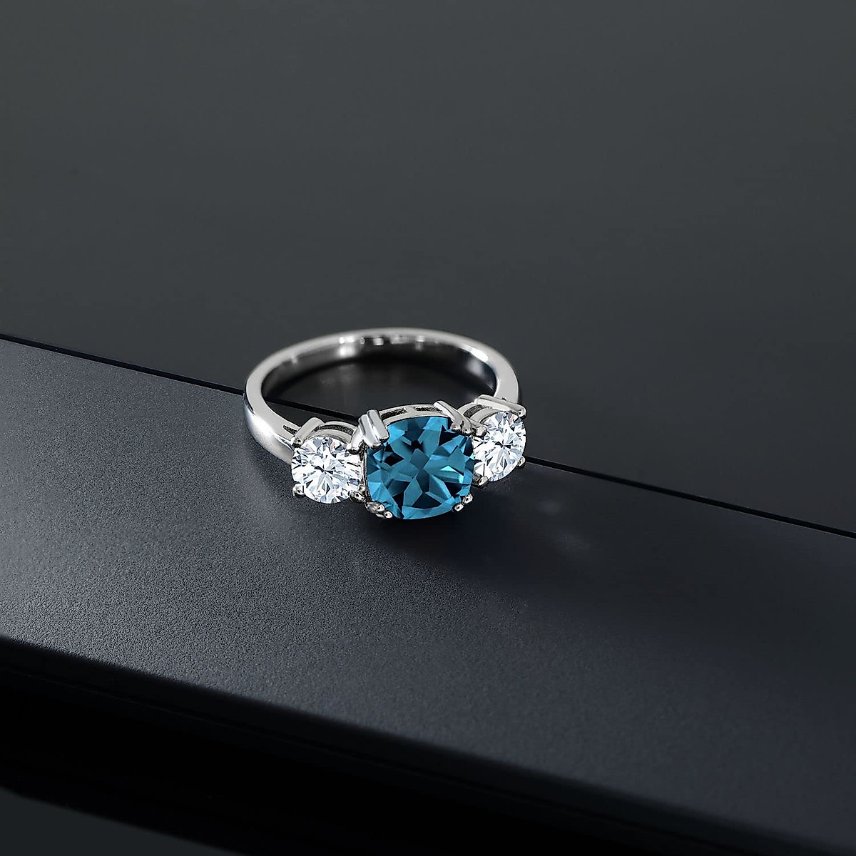 Gem Stone King 925 Sterling Silver London Blue Topaz and White Zirconia 3 Stone Engagement Ring For Women | 4.24 Cttw | Gemstone Birthstone | Cushion 8MM | Available in Size 5,6,7,8,9