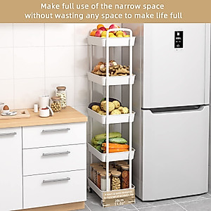 JIUYOTREE 5-Tier Rolling Storage Cart Utility Cart with Lockable Wheels for Living Room Bathroom Kitchen Office White