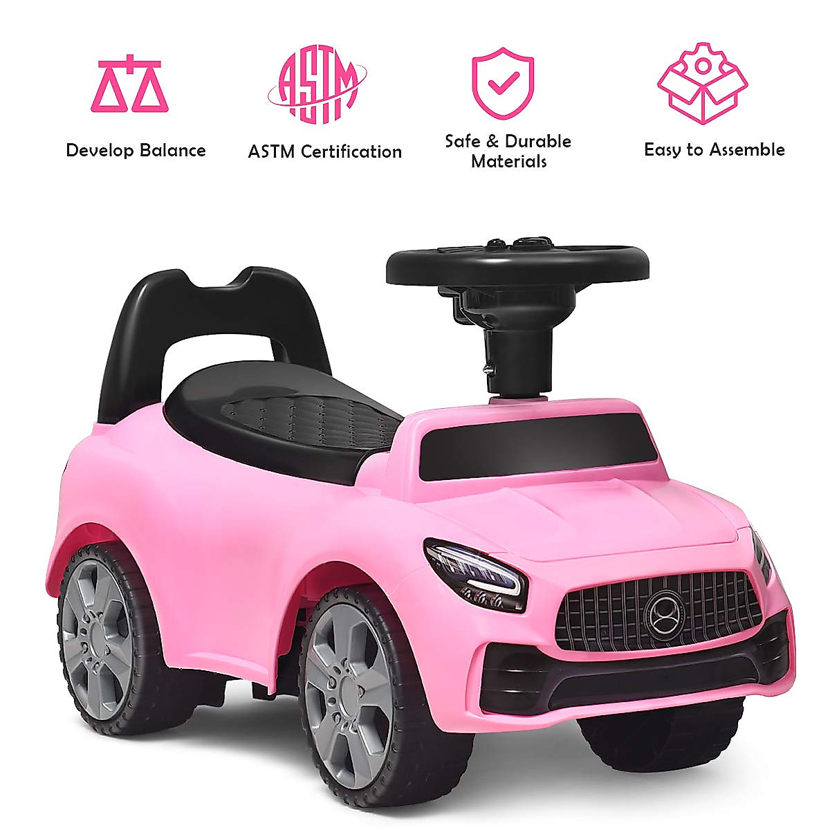 Costzon Kids Push and Ride Racer, Ride On Push Car w/Horn, Music, Under Seat Storage, Handle, Foot-to-Floor Sliding Car Pushing Cart for Toddler, Gift Toy for Children Boys & Girls (Pink)