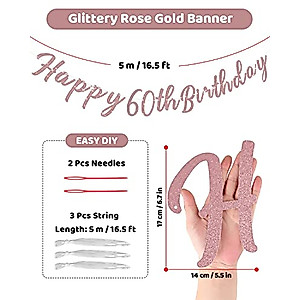 TopBashGo 102 Pcs Personalized Happy 60th Birthday Banner with Custom Name in Rose Gold Script, Bday Party Decorations Supplies Reusable Signs for Women