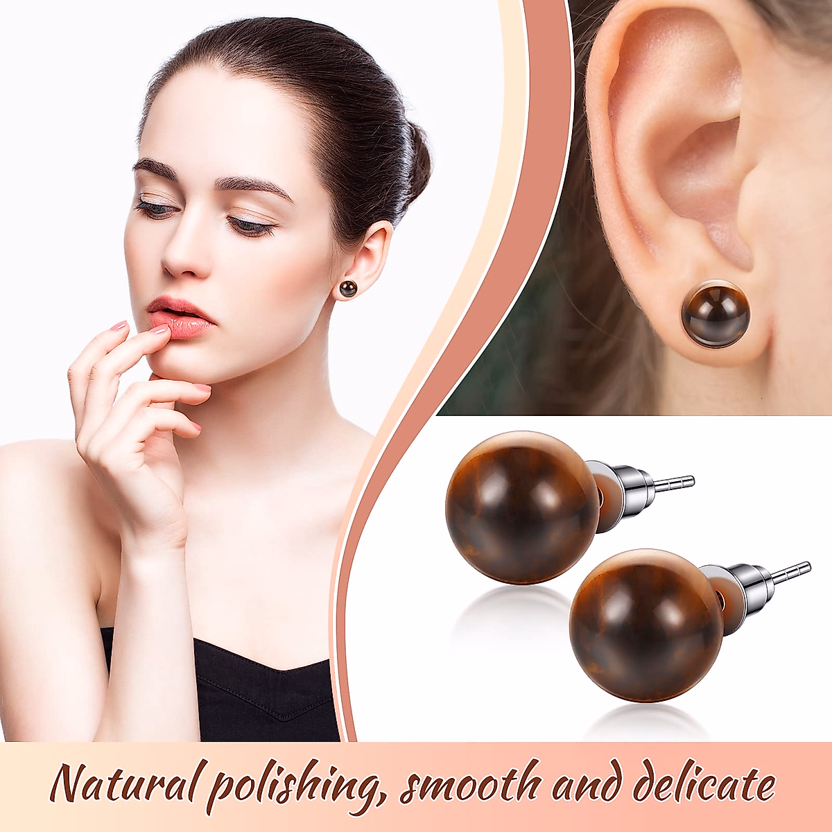 Laumoi 12 Pairs Natural Agate Stone Ball Studs Crystals Gemstone Amethyst Rose Quartz Earrings Studs Round Polished Earrings Jewelry for Women