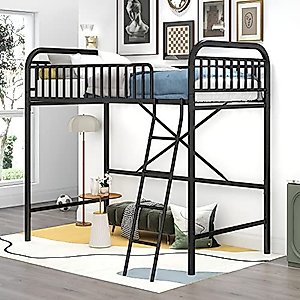 GINGVAT Twin Size Metal Loft Bed with Ladders/Full-Length Guardrails, Modern Style Study/Play Area, No Box Spring Needed, Black