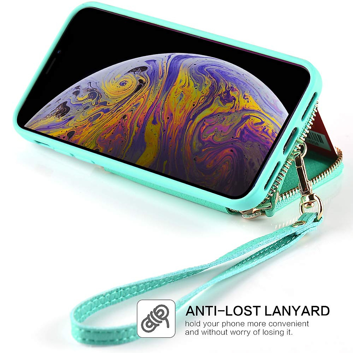 iPhone XR Case, ZVE for iPhone XR Wallet Case with Credit Card Holder Slot Shockproof Protective Leather Wallet Zipper Pocket Purse Handbag Wrist Strap Case for Apple iPhone XR 6.1" (2018) Blue