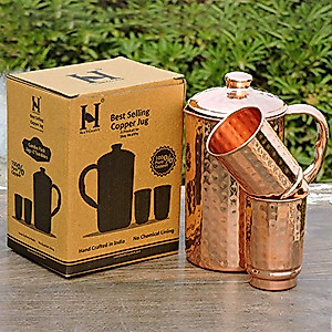 HealthGoodsIn - Pure Copper Hammered Water Jug with 2 Hammered Copper Tumblers | Copper Pitcher and Tumblers for Ayurveda Health Benefits