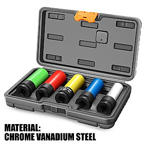 DNA MOTORING TOOLS-00156 5-Pieces 1/2-Inch Drive Wheel Protector Impact Deep Socket Set - 15mm 17mm 19mm 21mm 22mm, Cr-V, White,blue,red,yellow,green