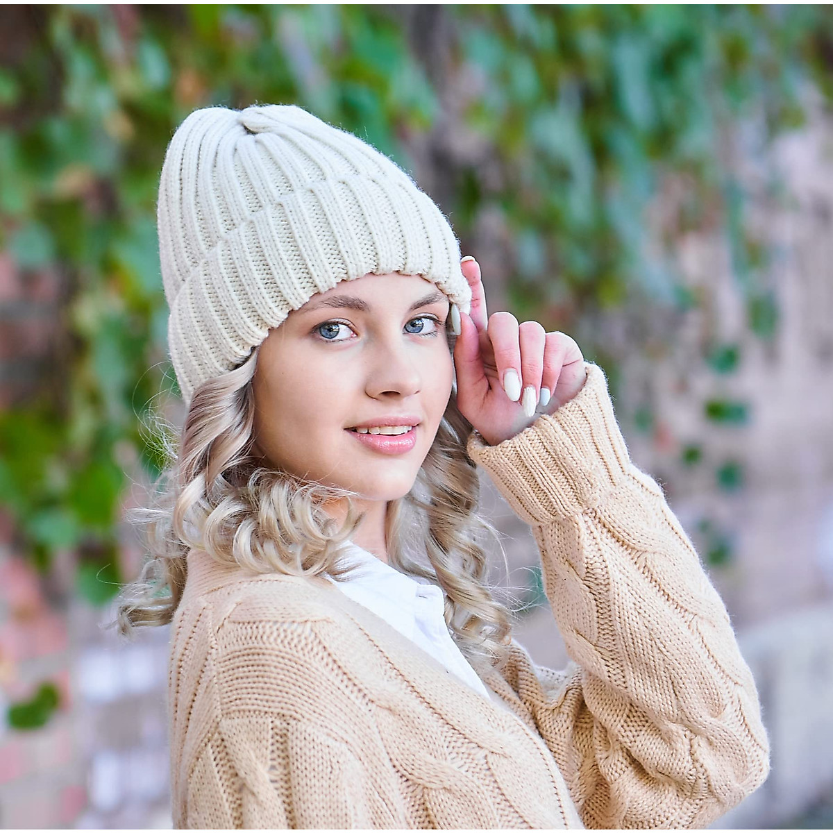 Connectyle Daily Ribbed Knit Winter Hat Slouch Fold Beanie for Women Stylish Plain Watch Cap Beige