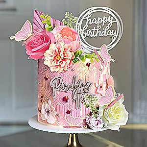 14 PCS Flower Cake Toppers Butterfly Cake Decorations Happy Birthday Cake Toppers with Artificial Pink Rose Flowers Eucalyptus Butterflies for Girls Birthday Party Wedding Baby Shower Supplies (Pink)
