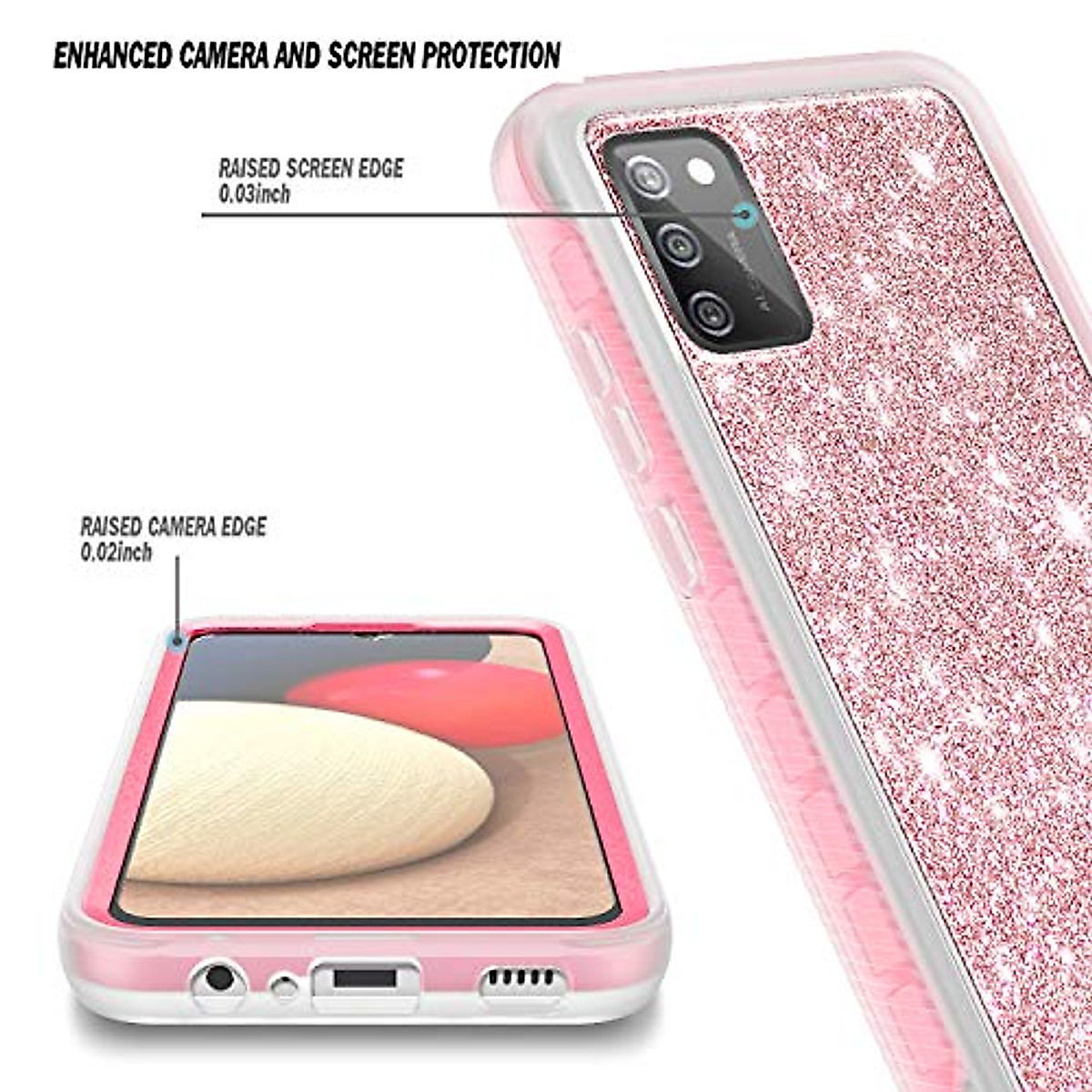 NZND Case for Samsung Galaxy A02S with [Built-in Screen Protector], Full-Body Shockproof Protective Rugged Bumper Cover, Impact Resist Durable Phone Case (Glitter Rose Gold)
