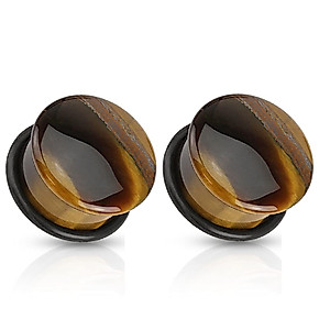 Pierced Owl Semi Precious Tiger Eye Domed Single Flare Plugs with O-Ring, Sold as a Pair (6mm (2GA))