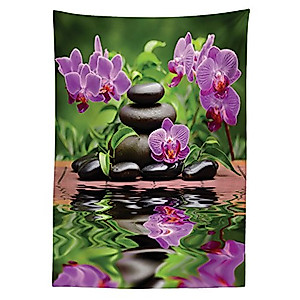 Lunarable Spa Outdoor Tablecloth, Basalt Stones and Orchid Reflecting on Water Greenery Wellbeing Tropical, Decorative Washable Picnic Table Cloth, 58" X 84", Fern Green Lavender