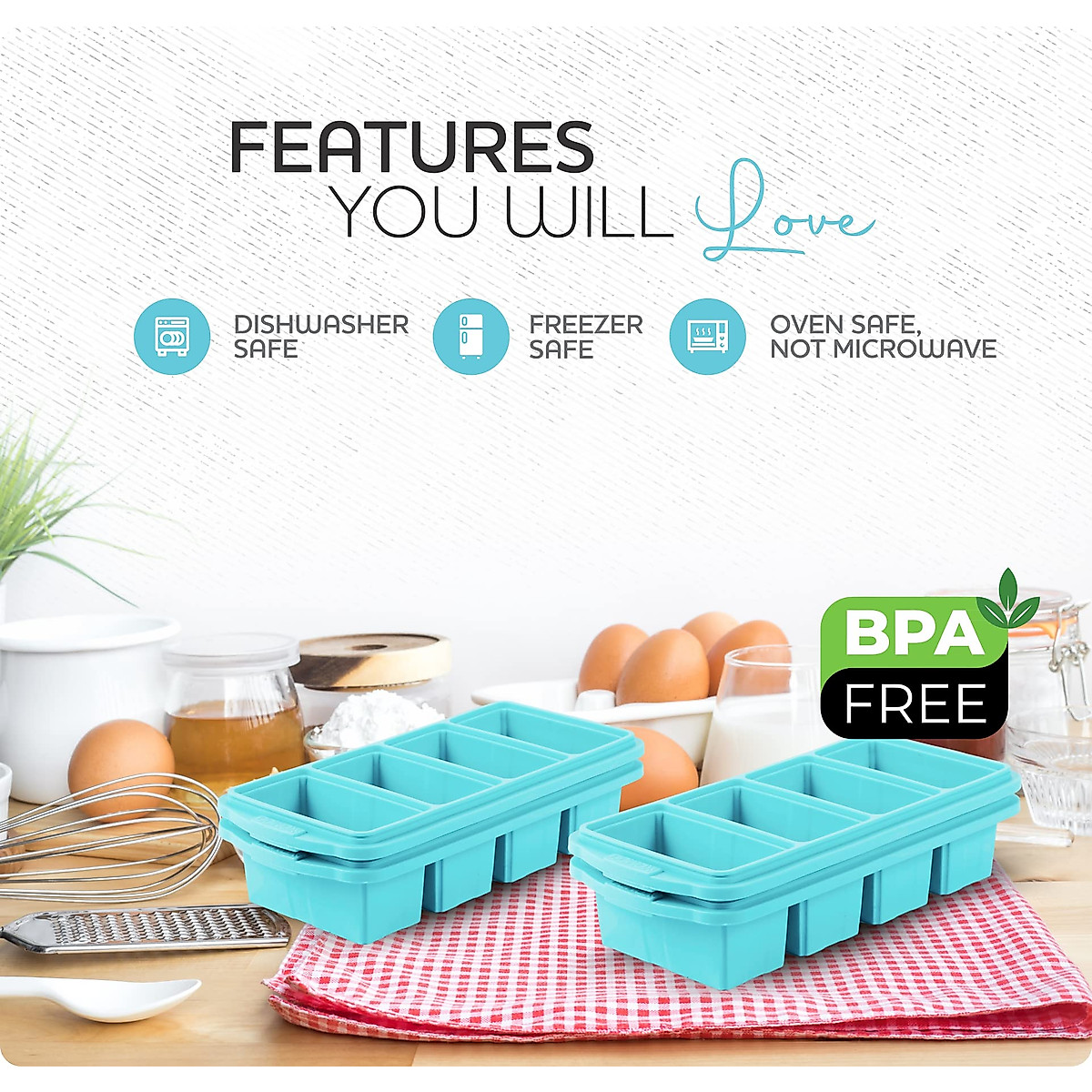 XOMOO Silicone Freezer Tray With Lid - Soup Freezer Container molds - Large Ice Cube Tray- makes 8 perfect 1 cup portions cubes, 2-Pack Freezer Storage Food Soups & Meal Prep - Oven & Dishwasher -Safe