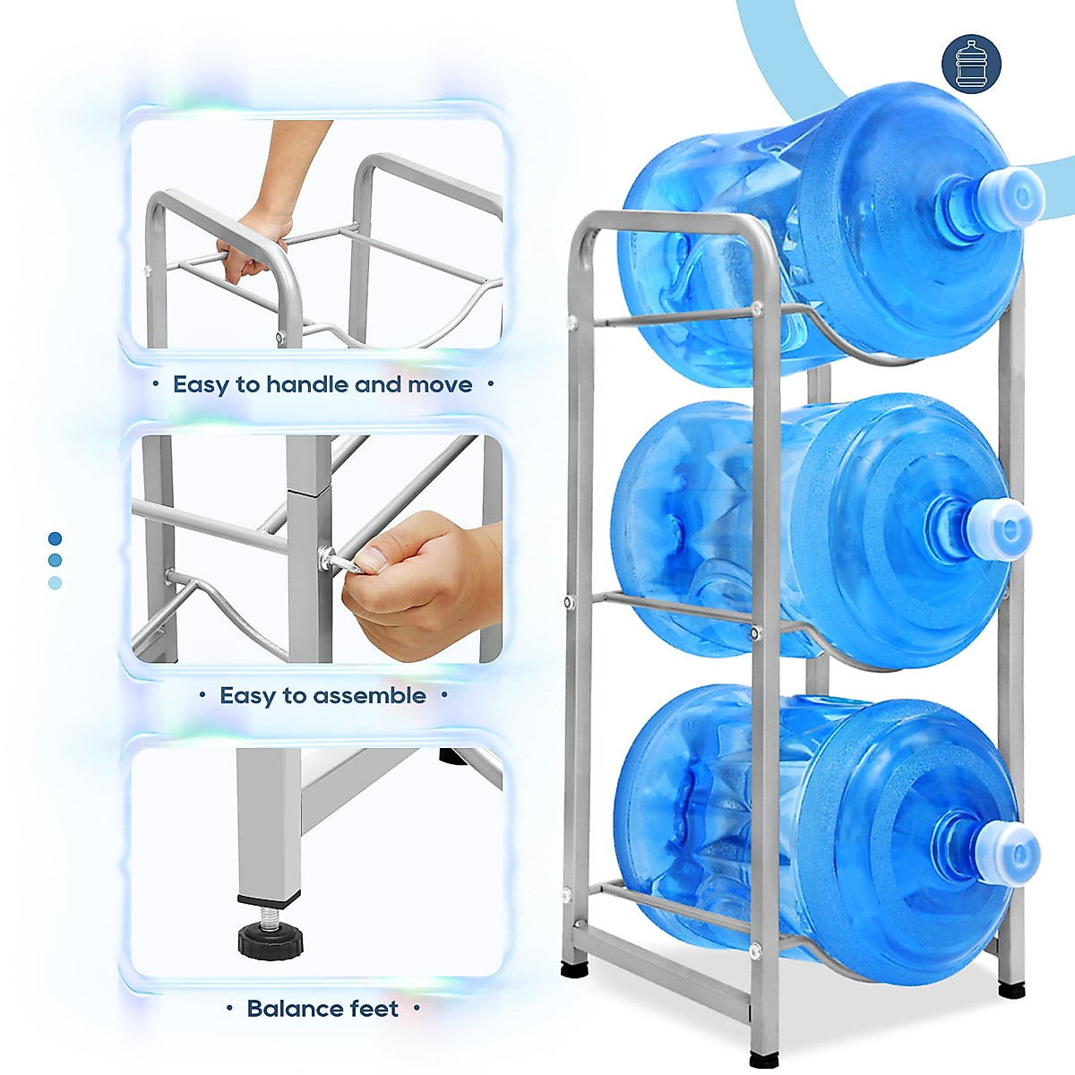 Iococee 5 Gallon Water Jug Stand, 5 gallon water jug holder, With guardrail to prevent falling, 5 gallon water jug rack for 3 Bottles (3-tiers Silver) for Home, Office Organization