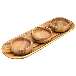 Pacific Merchants Acaciaware Set, 16-Inch Baguette Tray with 4-Inch Dipping Bowls