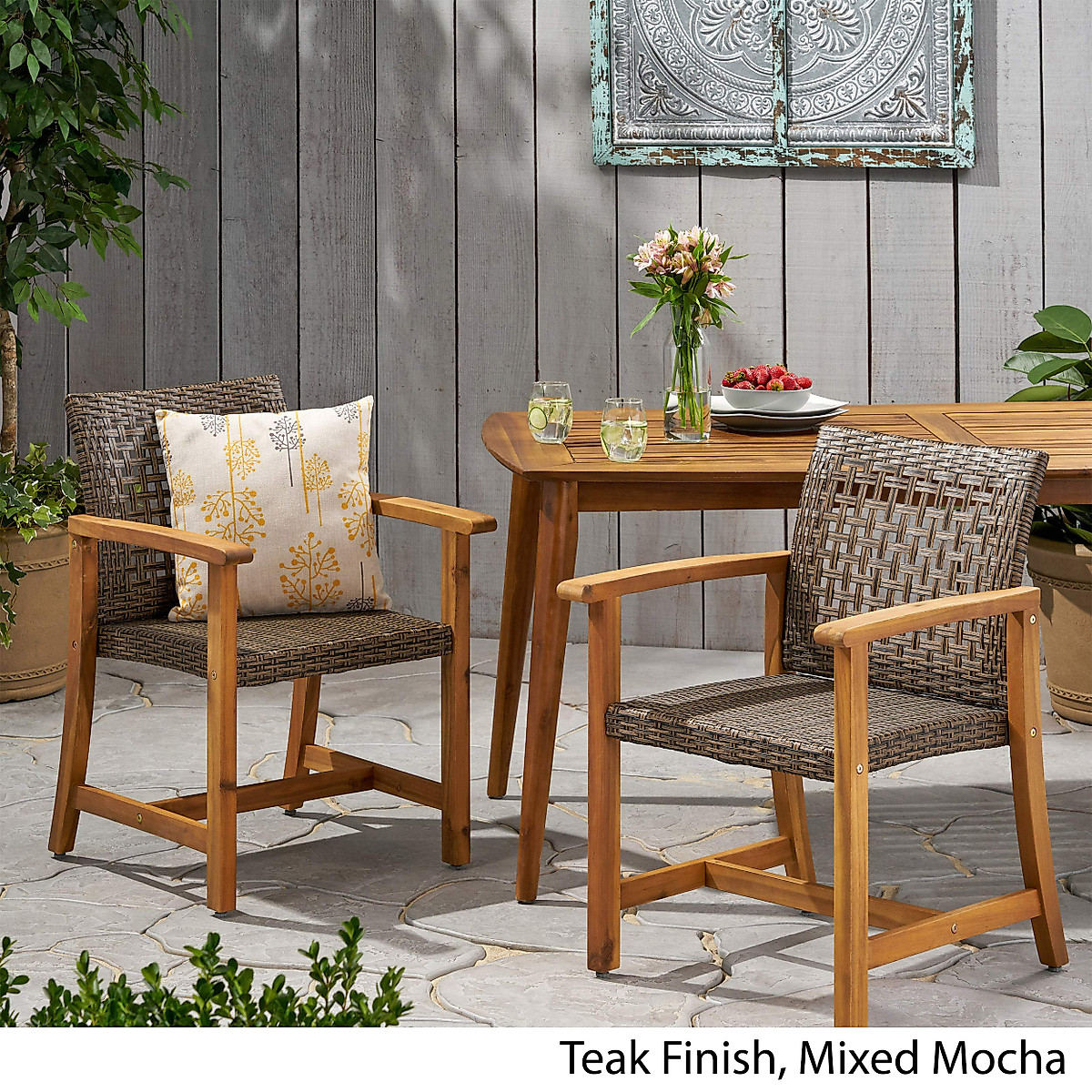 GDFStudio Outdoor Acacia Wood Dining Chair (Set of 2), Teak Finish and Mixed Mocha
