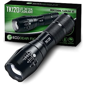 EcoGear FX Complete LED Tactical Flashlight Kit TK120 Flashlight with Rechargeable Battery: High Lumens with 5 Light Modes, Water Resistant, Adjustable Focus Zoom