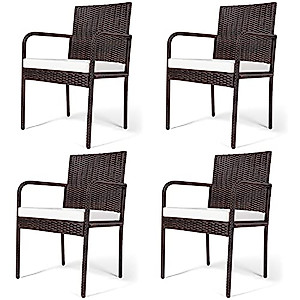 Tangkula 4-Piece Patio Rattan Dining Chairs, Patiojoy Outdoor Wicker Dining Chairs with Padded Sponge Cushion, High Back Curved Armrests, Ideal for Garden Poolside Lawn Backyard (Brown)