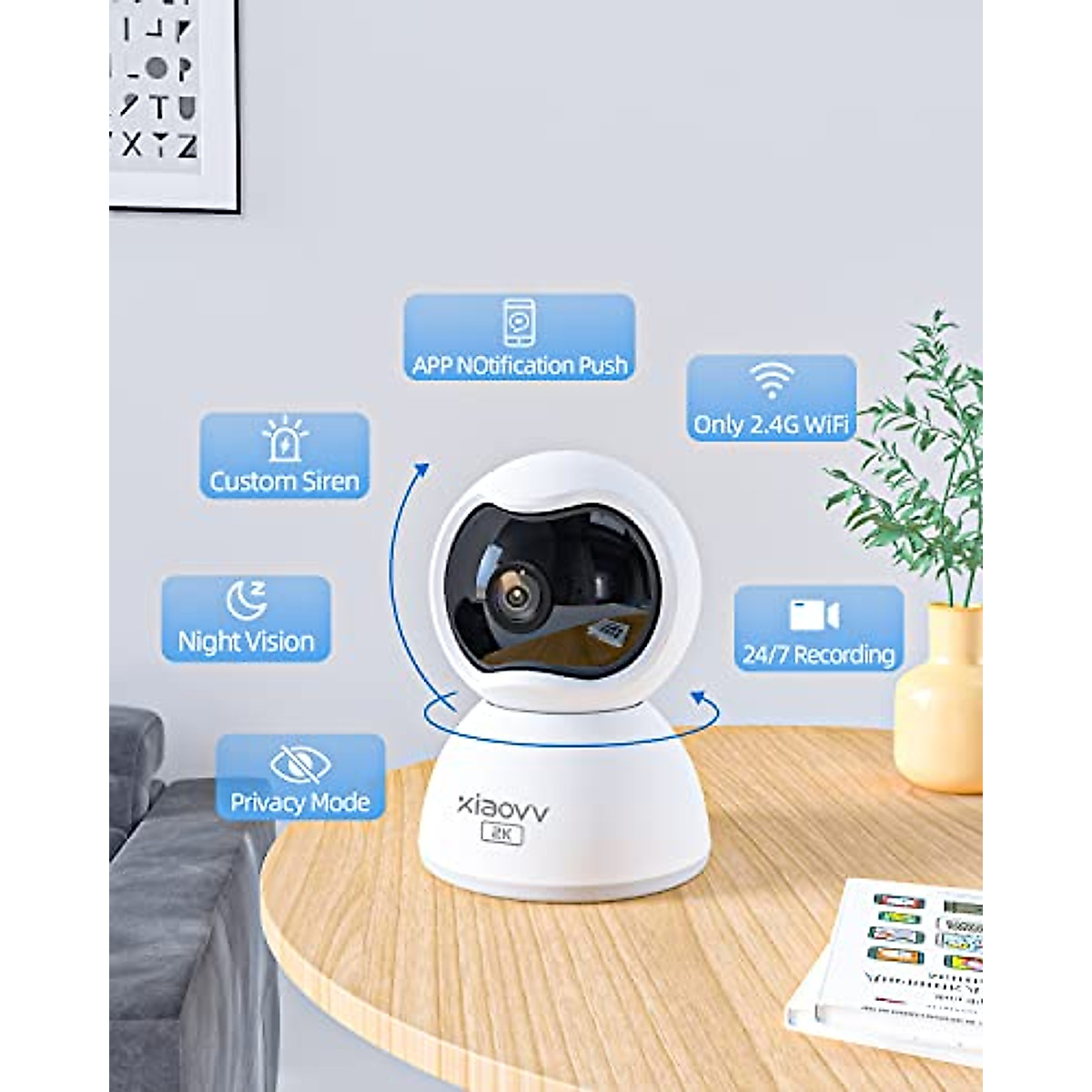 XIAOVV Home Security Cameras,2k 360 Degree 2.4ghz WiFi Security Camera,Privacy Mode,Night Vision Indoor Pet Camera with Alarm Push Phone app,SD&Cloud Storage