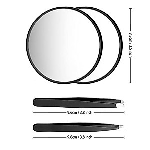 Funtopia Magnifying Mirror, 3.5 Inch 20X Mirror and 10X Magnifier Mirrors with 2 Suction Cups, Small Travel Magnifying Mirror and Tweezers Kit for Eyebrow Tweezing, Blackhead Blemish Removal (Black)