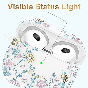 KINGXBAR Compatible with AirPods 3rd Generation Case, Cute Floral Clear Soft TPU Shockproof Protective Cover for Women Girls with Keychain for Apple AirPods 3 2021 Charging Case (Blue)