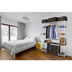 Seville Classics Closet Garment Organizer with Metal Hanging Rod Wardrobe Storage System, w/ Steel Shelves for Clothes, Shirts, Jackets, Coats, Blankets, Shoes, White, Expandable Rack