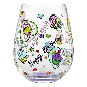Enesco Designs by Lolita Birthday Cupcakes Hand-Painted Artisan Stemless Wine Glass, 1 Count (Pack of 1), Multicolor