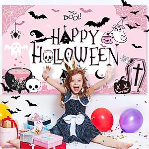 DPKOW Pink Happy Halloween Backdrop Banner, Extra Large Pink Halloween Birthday Party Decorations Girls Kid Black Pink Halloween Decorations Background for Halloween Baby Shower Boo Day, 70.8×43.3inch