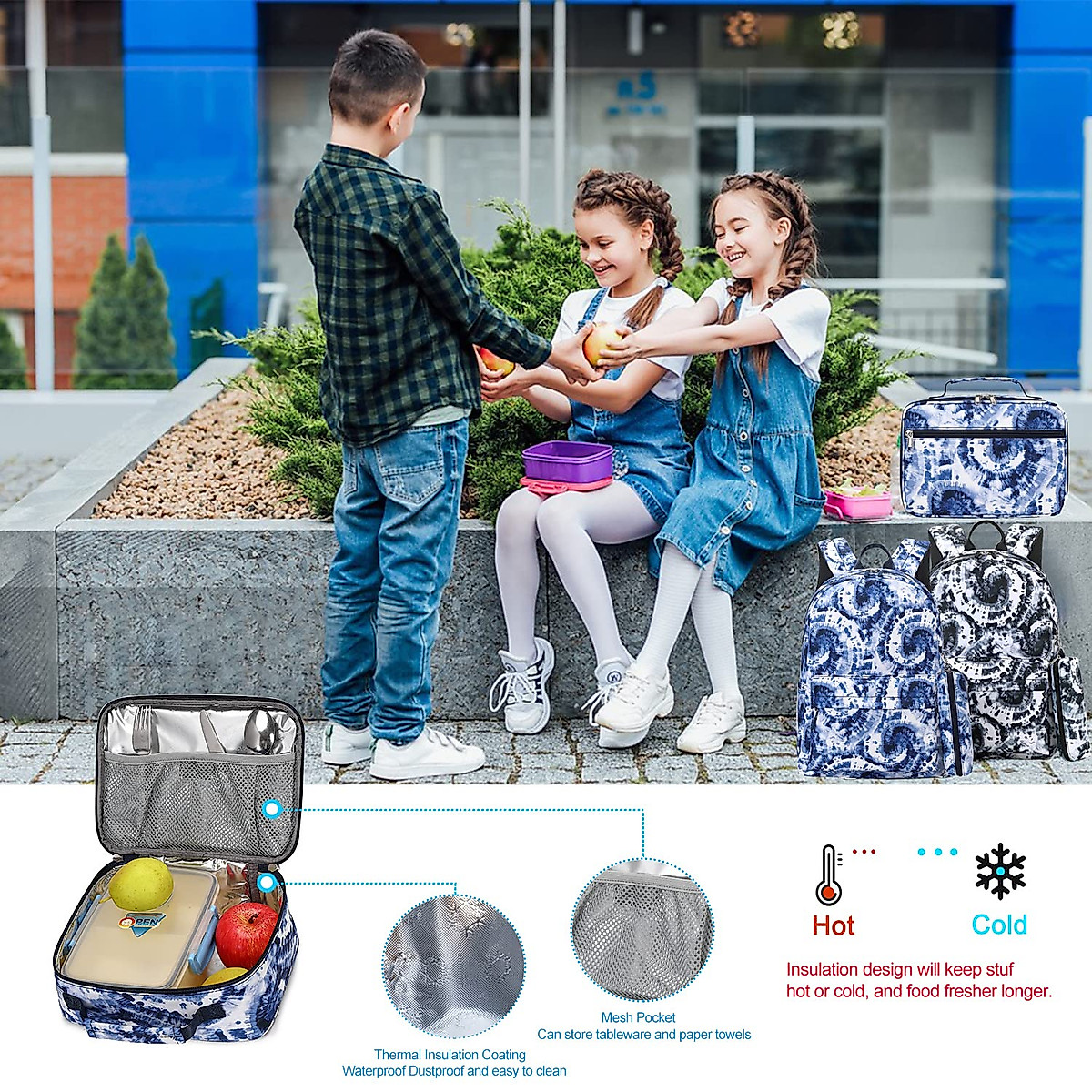 WUUDWALK Backpack for Girls Kids School Backpack/Tie Dye Kids' Bag with Lunch Box Preschool Kindergarten BookBag Set (Tie Dye Blue)