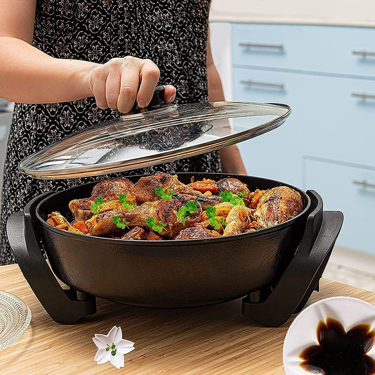 Extra Deep Electric Skillet Nonstick - Adjustable Temperature Control Aluminum Electric Fryer (12 Inch)