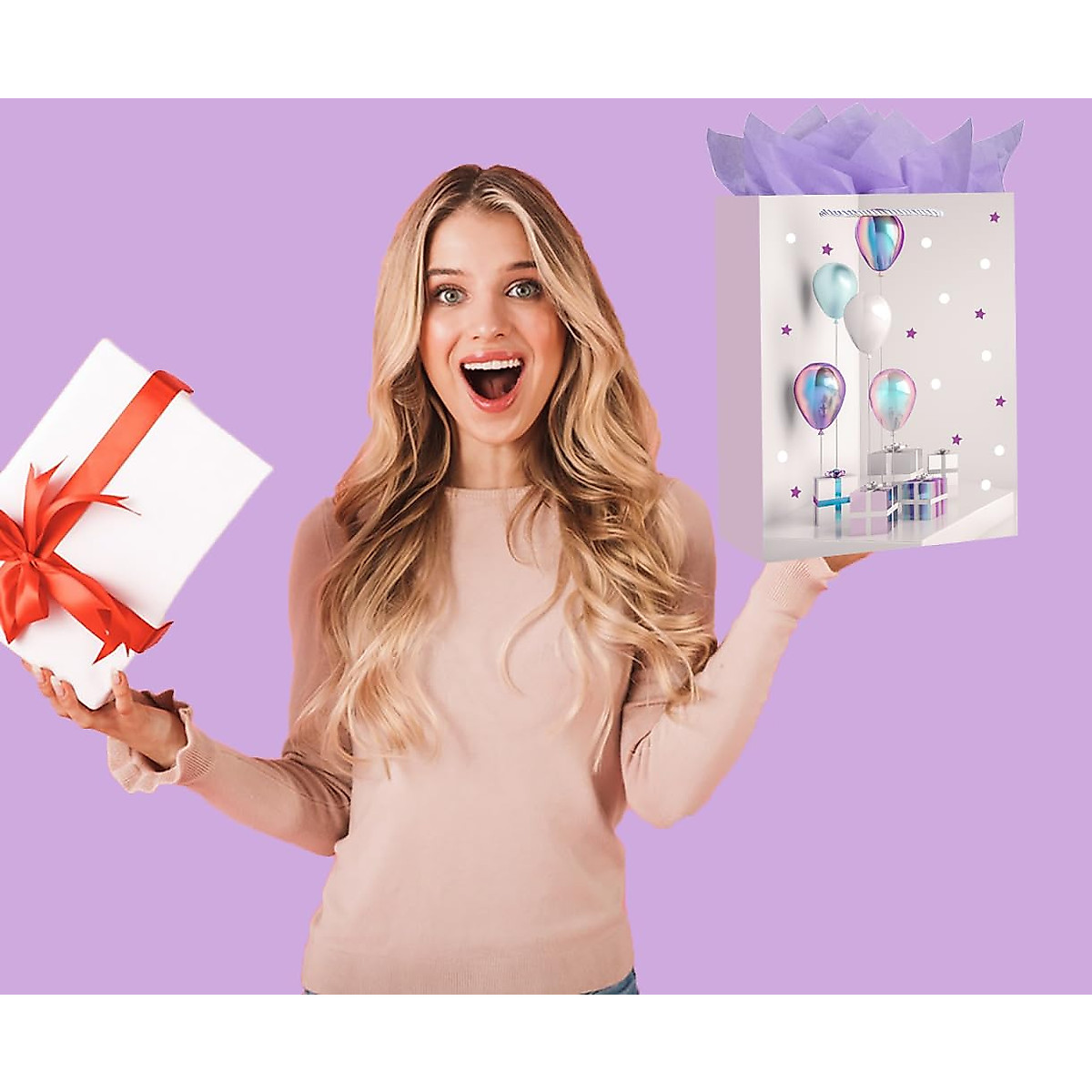 LUCKY AID 12.6” Birthday Gift Bag with Handle and Tissue Paper, Gift Bag for Boys, Girls, Women and Men’s Birthday Party, Baby Shower, Christmas Party Supplies(Purple)