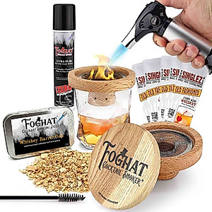 The Foghat Cocktail Smoker and Old Fashioned Smoked Cocktail Kit with Torch and Butane Refill - Bourbon Barrel Oak Wood Chips and 5 Singlez Bar Old Fasioned Mix Packets - Whiskey Smoker Kit For Drinks