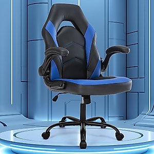 NEWBULIG Ergonomic Computer Gaming Chair with Adjustable High Backrest,Flip-up Armrests and Lumbar Support,PU Leather, Blue