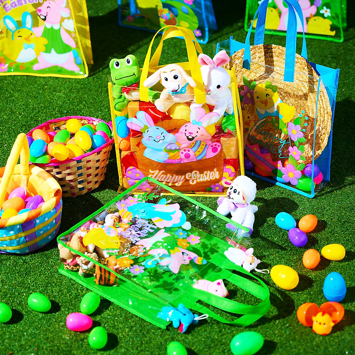 JOYIN 6 Pcs Easter Gift Bags, 13" x 13" x 4" Big Size Non Woven Easter Goodie Bags Party Treat Bags with Handles for Easter Egg Hunt, Reusable Easter Rabbit Bunny Bag for Kids Party Favor Supplies