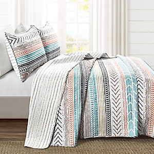 Lush Decor Hygge Geo Pattern Striped 3 Piece Quilt Bedding Set, King, Neutral & Multicolored