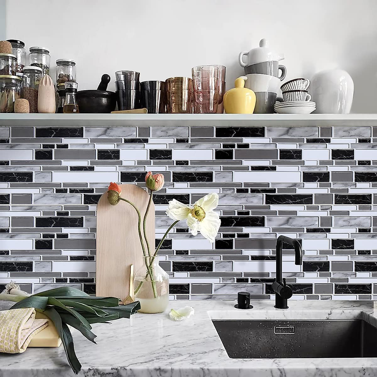 Livebor Peel and Stick Backsplash Wallpaper Kitchen Backsplash Wallpaper 11.8inch x 118.1inch Tile Contact Paper Kitchen Peel and Stick Countertops Waterproof Wallpaper for Bathroom Kitchen Wallpaper