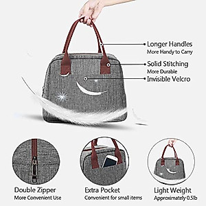 DIIG Lunch Bag for Women, Large Reusable Insulated Lunch Box for Work, Adult Foldable Tote for Office, Freezable Bag with Pocket, Gray/Floral/Flower/Flamingo Printing (Gray)