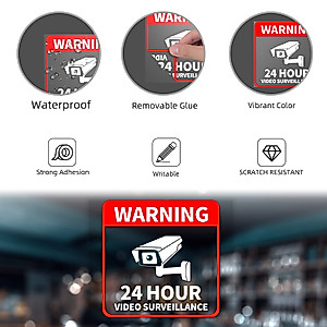 Video Surveillance Sticker Vinyl 6 x 6 Inch 24 Hour CCTV Camera Warning Security Decal for Window Door Business 5 Pack