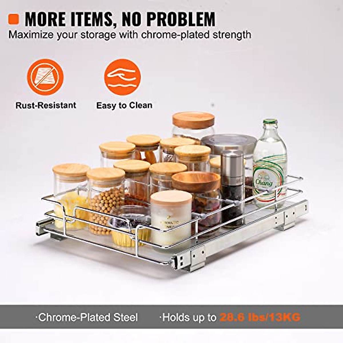 VEVOR 12"W x 17"D Pull Out Cabinet Organizer, Heavy Duty Slide Out Pantry Shelves, Chrome-Plated Steel Roll Out Drawers, Sliding Drawer Storage for Home, Inside Kitchen Cabinet, Bathroom, Under Sink