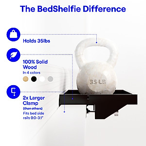 BedShelfie Bedside Shelf for Bunk Bed & Top Bunk, College Dorm Room Essentials, Loft Nightstand, Floating Bed Side Table Tray Storage, Dorm Room Decor, College Dorm Essentials - Black Wood Plus