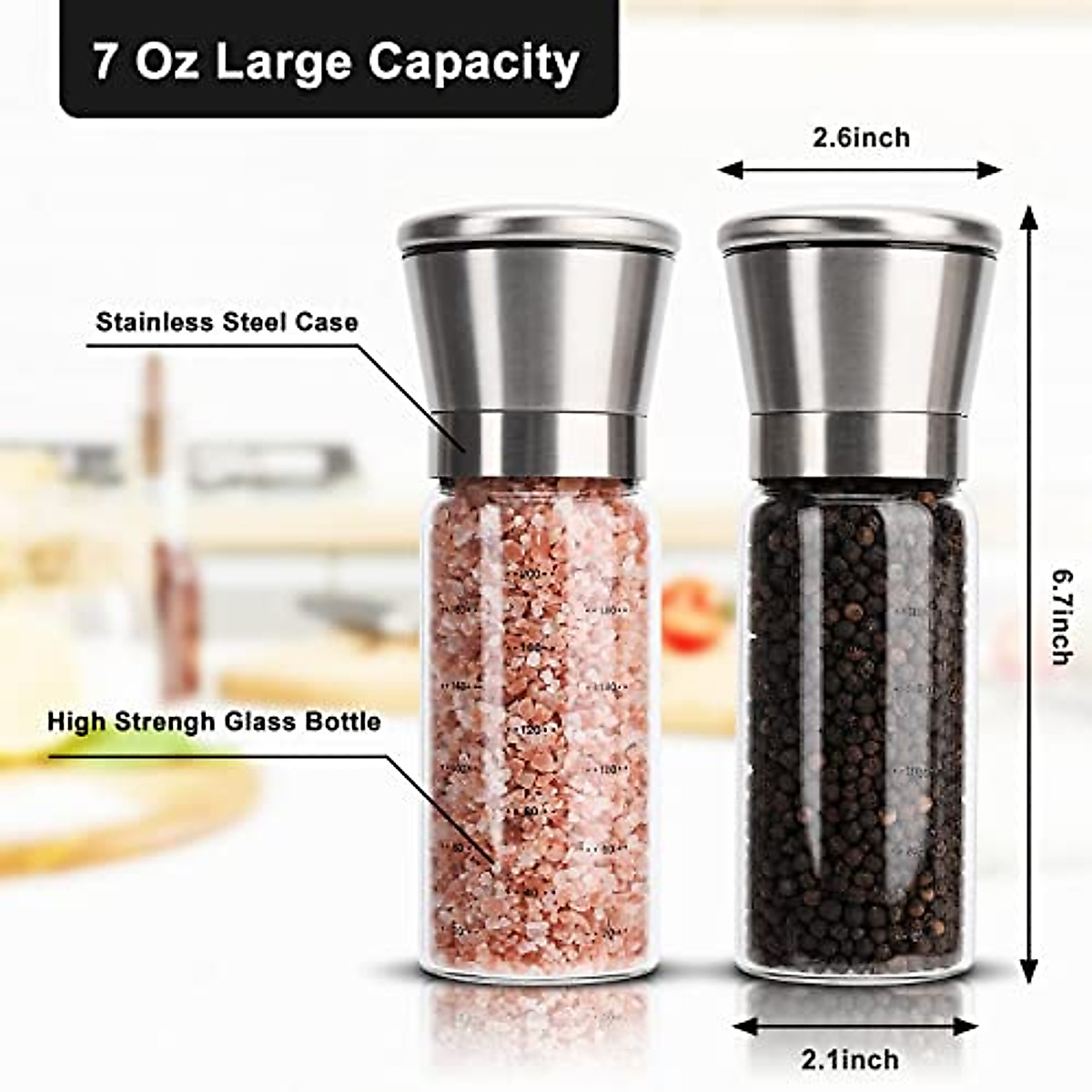 Upgraded Salt and Pepper Grinder Set of 2 Packs, Stainless Steel Pepper Grinder, High Strength Glass Sea Salt and Pepper Shakers with Adjustable Coarseness Mills, Refillable Pepper Mill By Keyloland